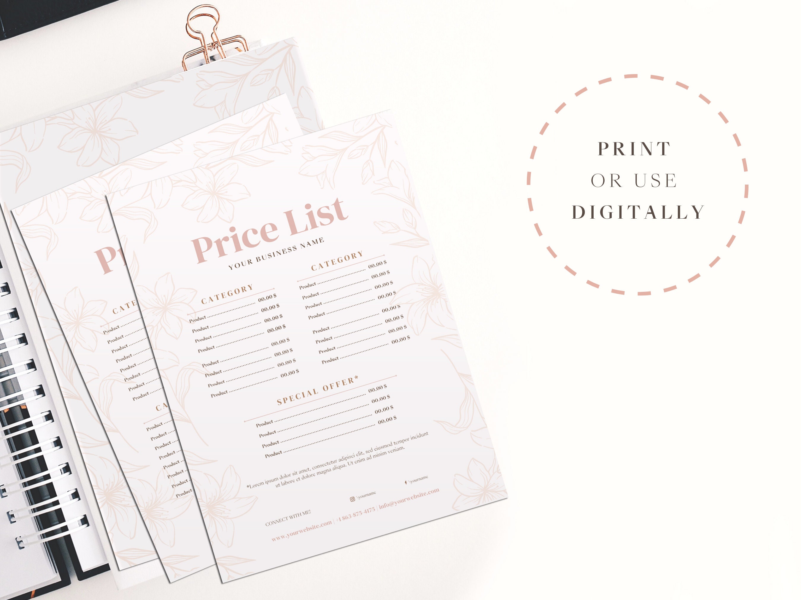 Blush Pink Price List Template Bundle, Floral Editable Pricing Guide ...