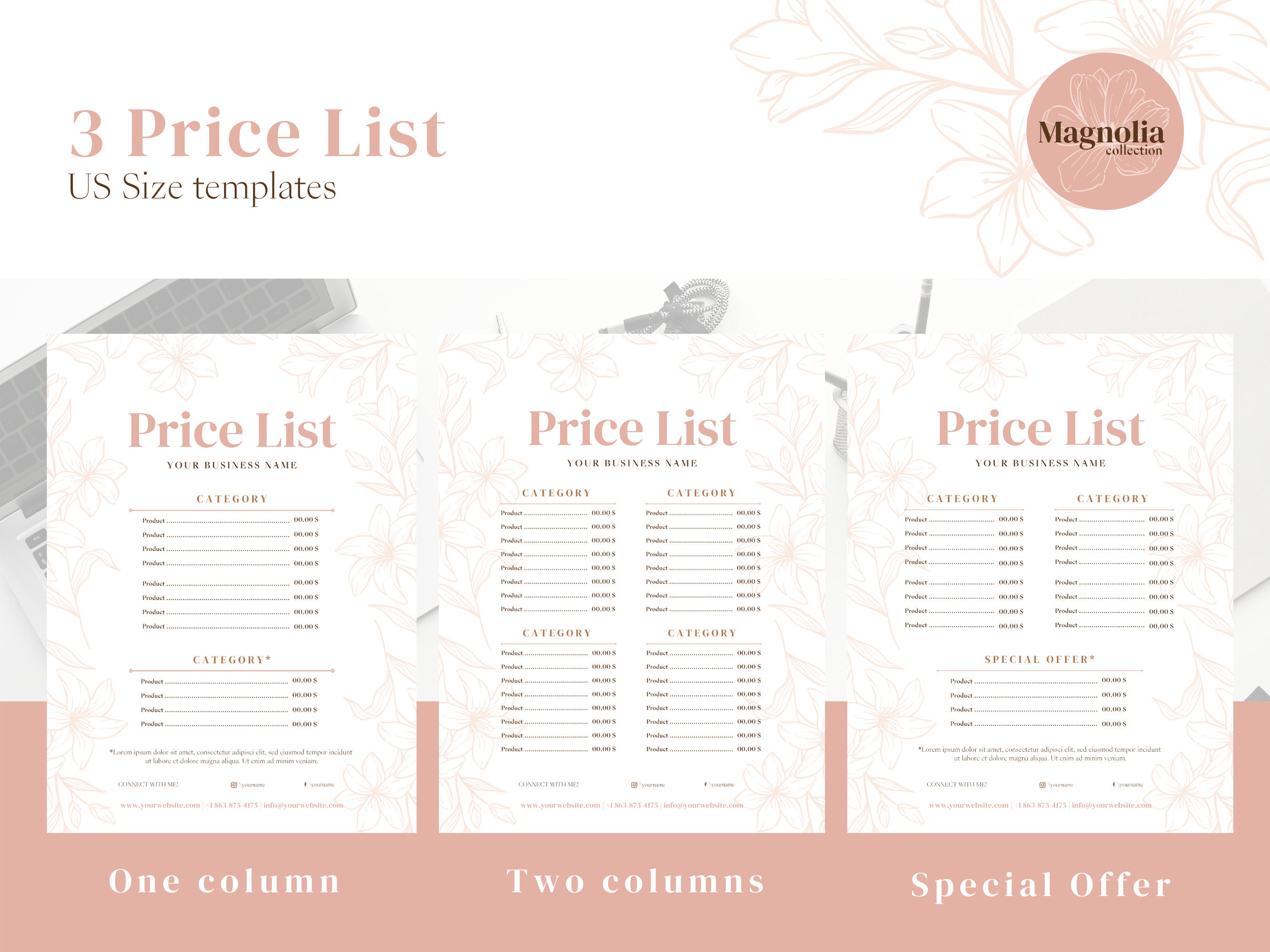 Blush Pink Price List Template Bundle, Floral Editable Pricing Guide ...