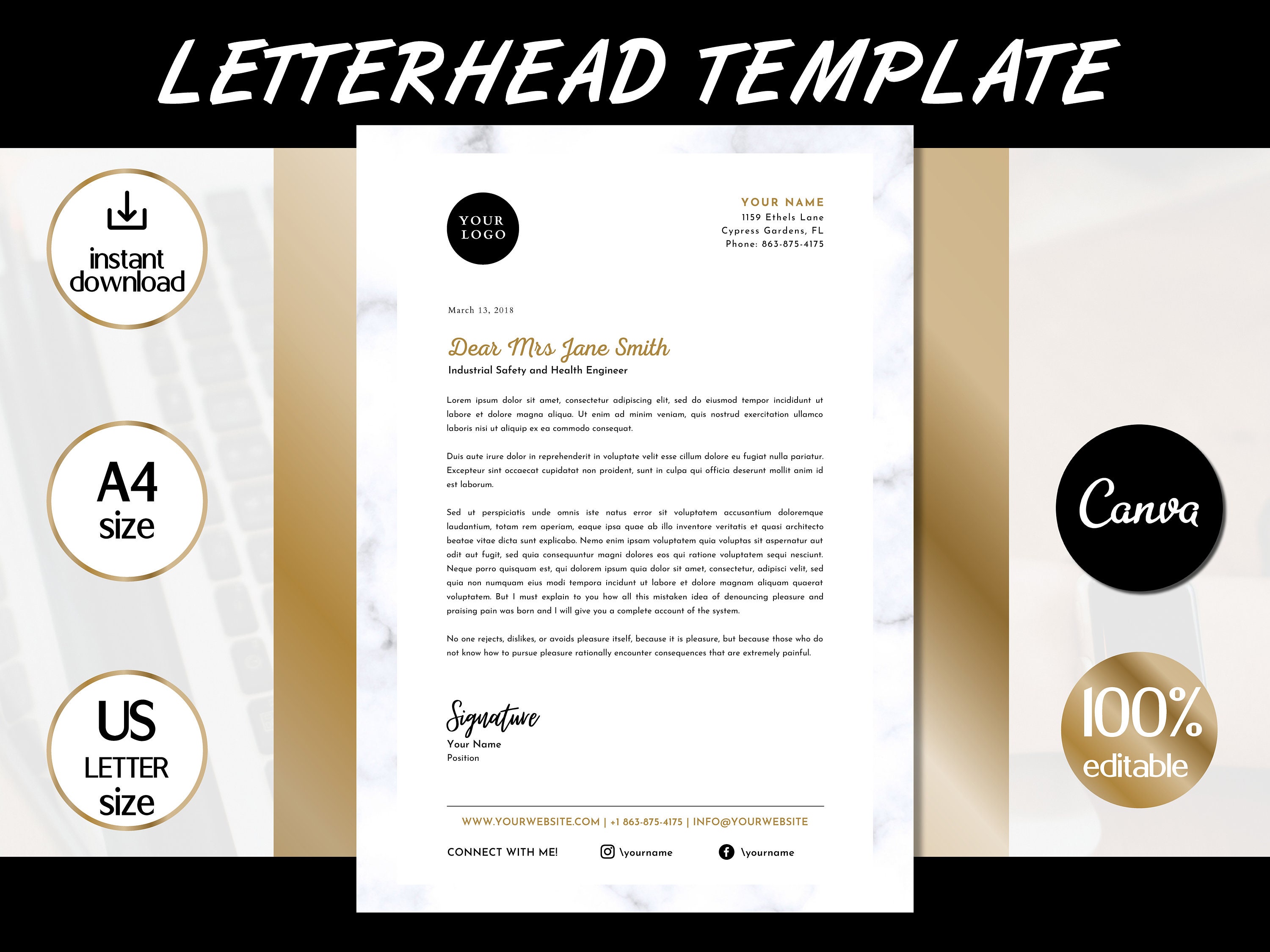 Classy Letterhead Template, Business Letterhead, Editable Letterhead ...