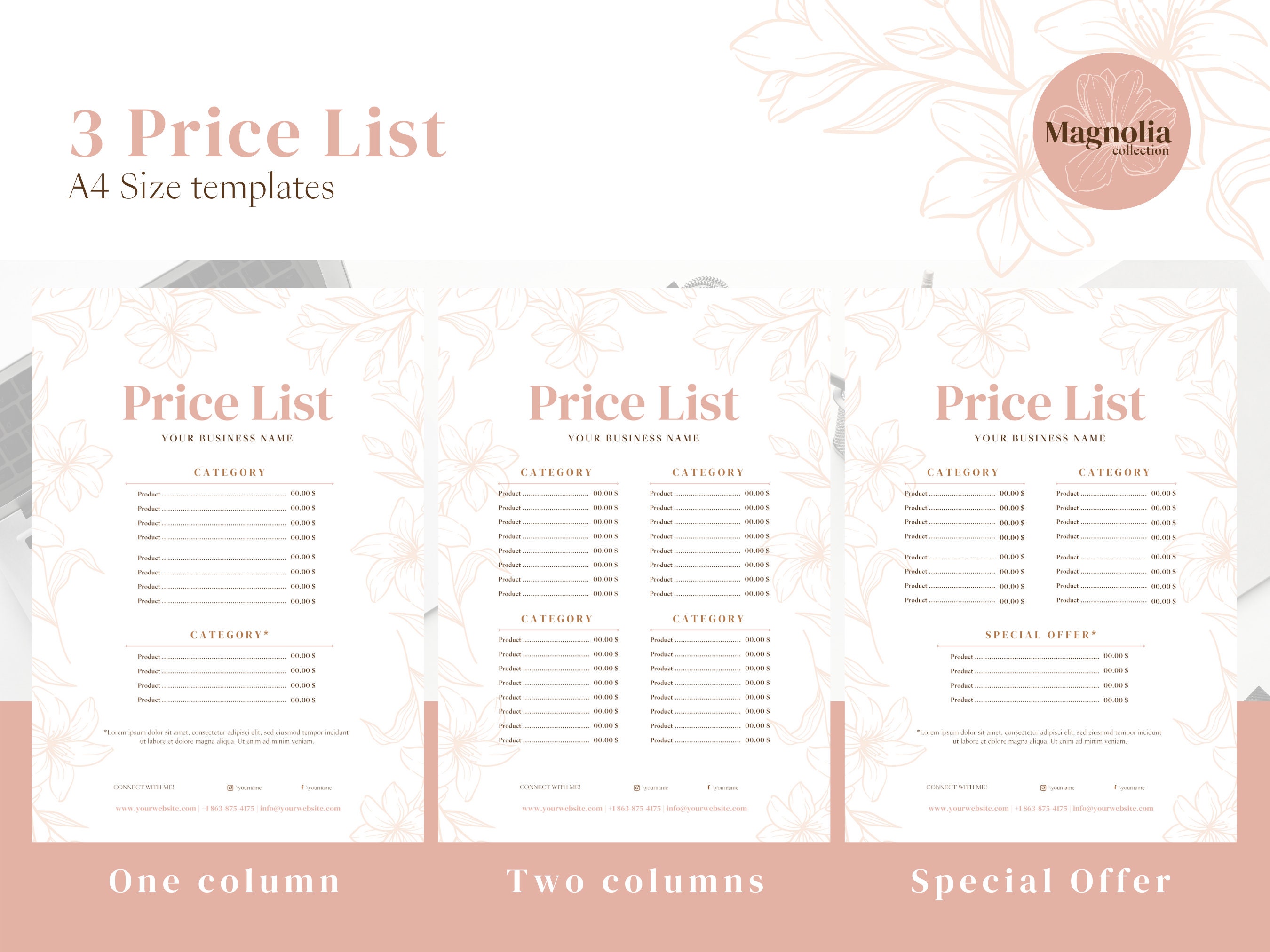 Blush Pink Price List Template Bundle, Floral Editable Pricing Guide ...