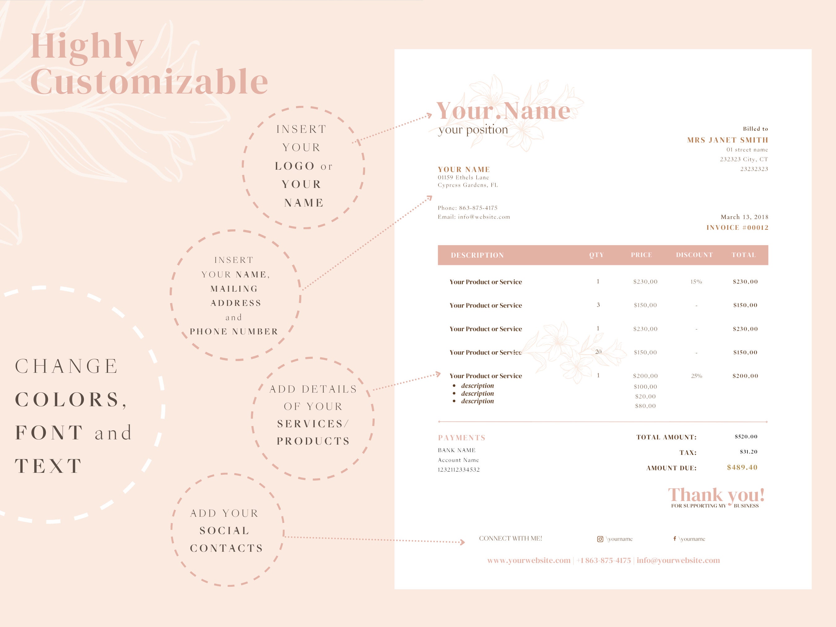 Blush Pink Professional Invoice Canva Template, Editable Floral ...