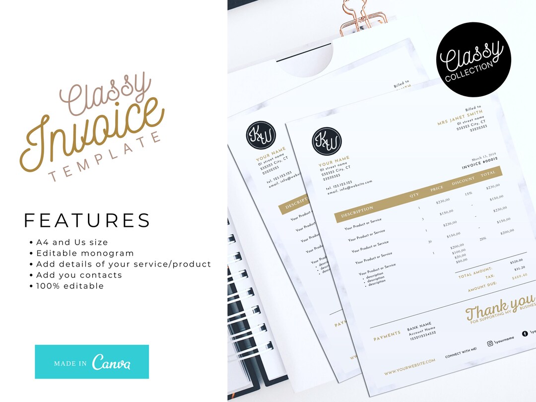 Classy Marble Invoice Template, Elegant Editable Bill of Sale, Instant ...