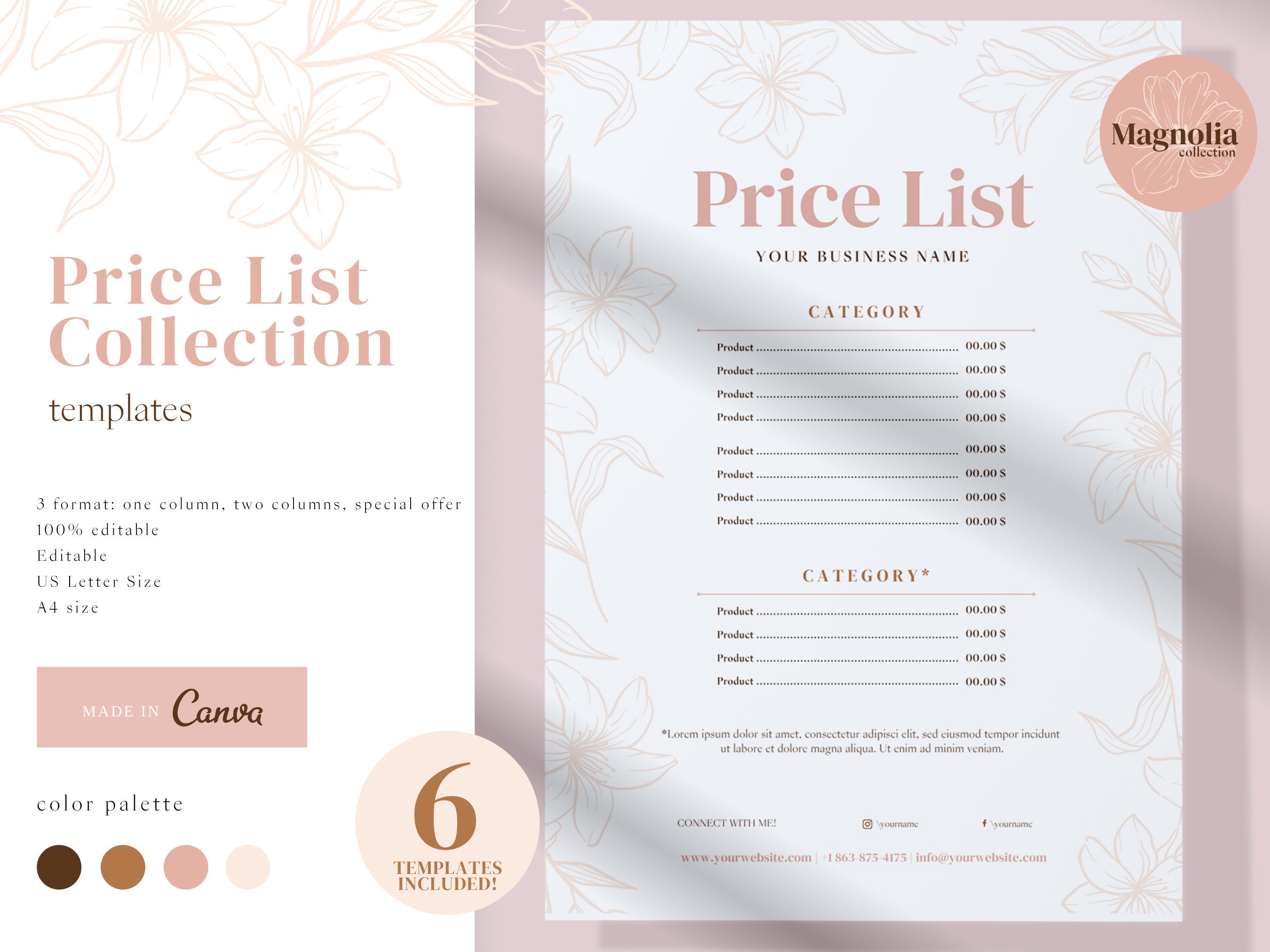 Blush Pink Price List Template Bundle, Floral Editable Pricing Guide ...