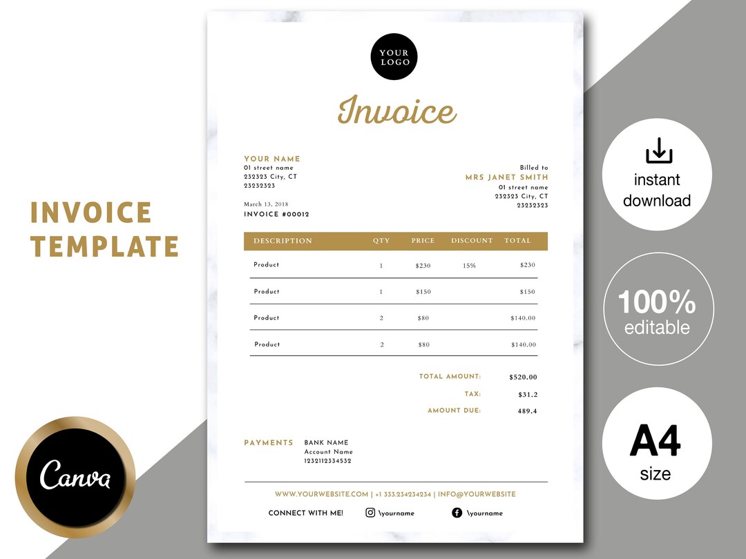 Marble Invoice Template, Classy Printable Invoice, Elegant Editable ...