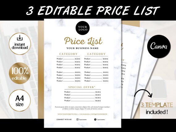 Classy Pricing Guide Template Stylish Price List Template for | Etsy