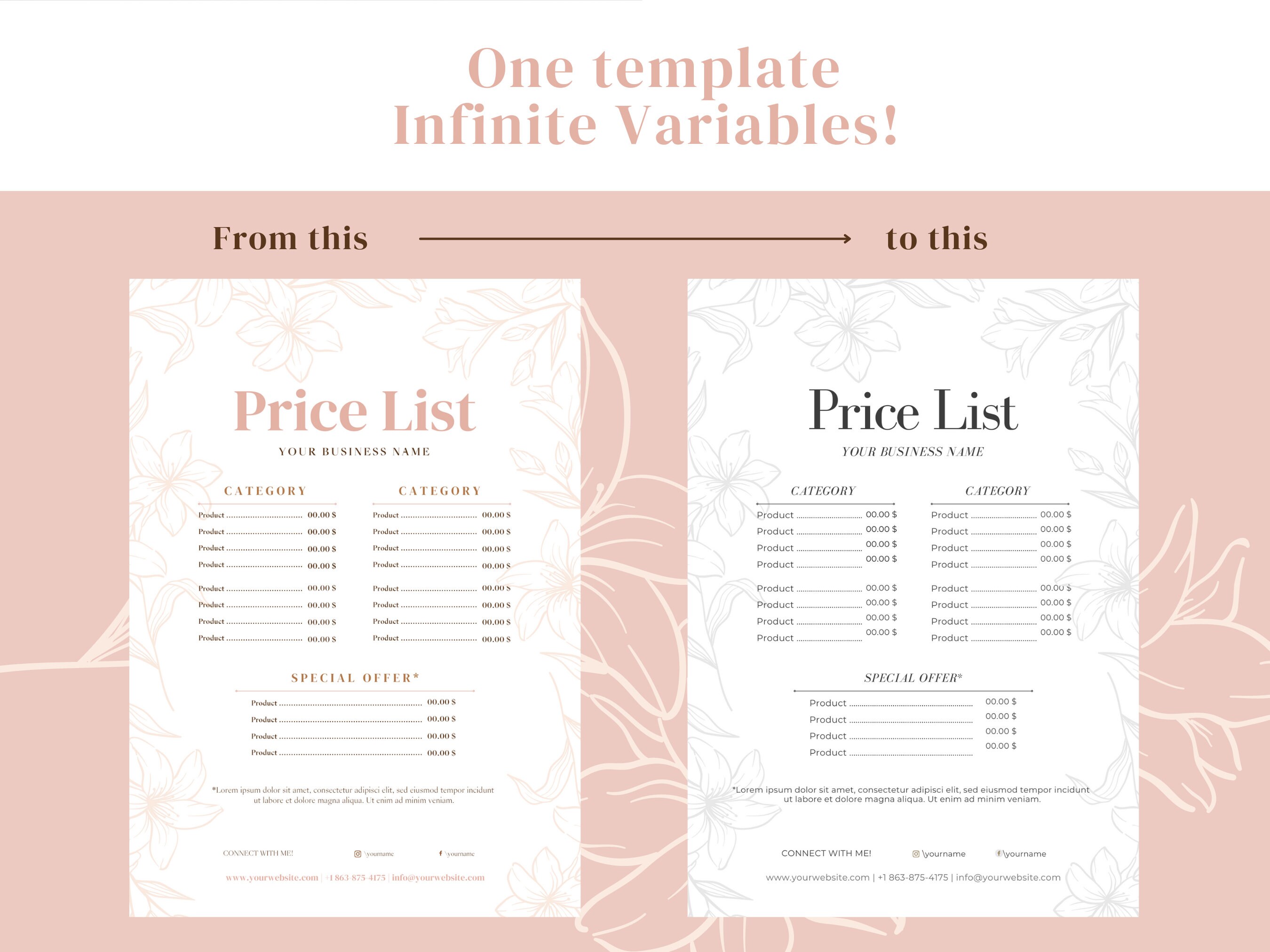 Blush Pink Price List Template Bundle, Floral Editable Pricing Guide ...