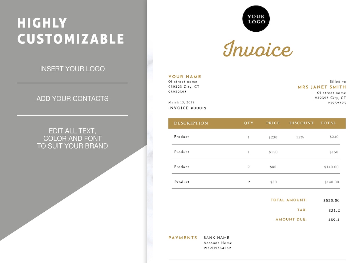 Marble Invoice Template, Classy Printable Invoice, Elegant Editable ...