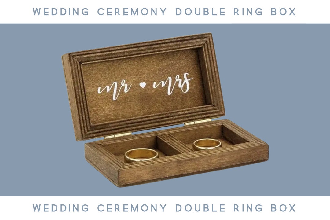 Rustic Wooden Double Wedding Ring Ceremony Ring Bearer Box Two Ring ...