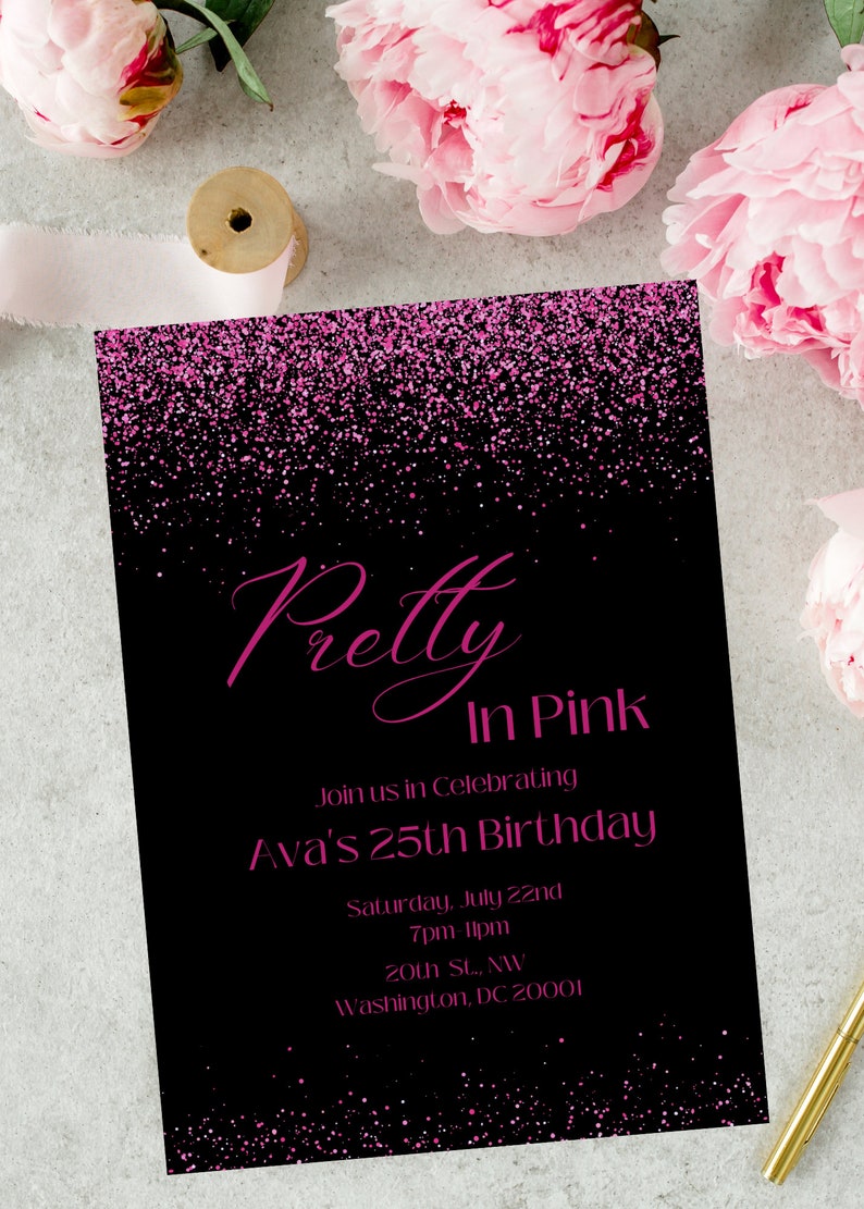 Pretty in Pink Birthday Invitation, Birthday Invitation, Pink and Black ...