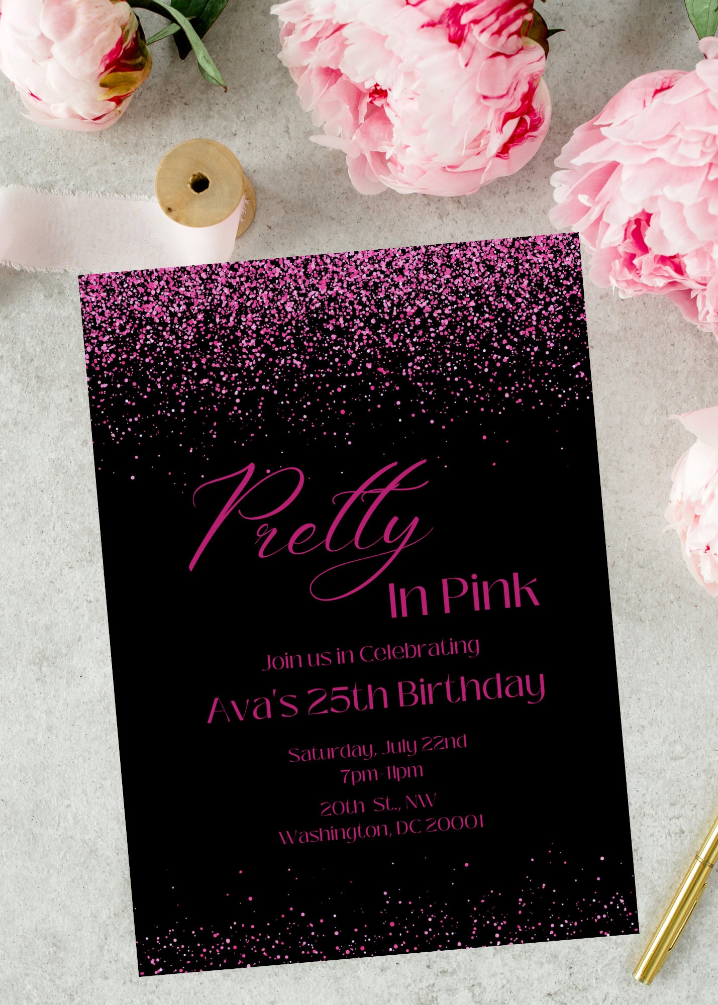 Pretty in Pink Birthday Invitation, Birthday Invitation, Pink and Black ...