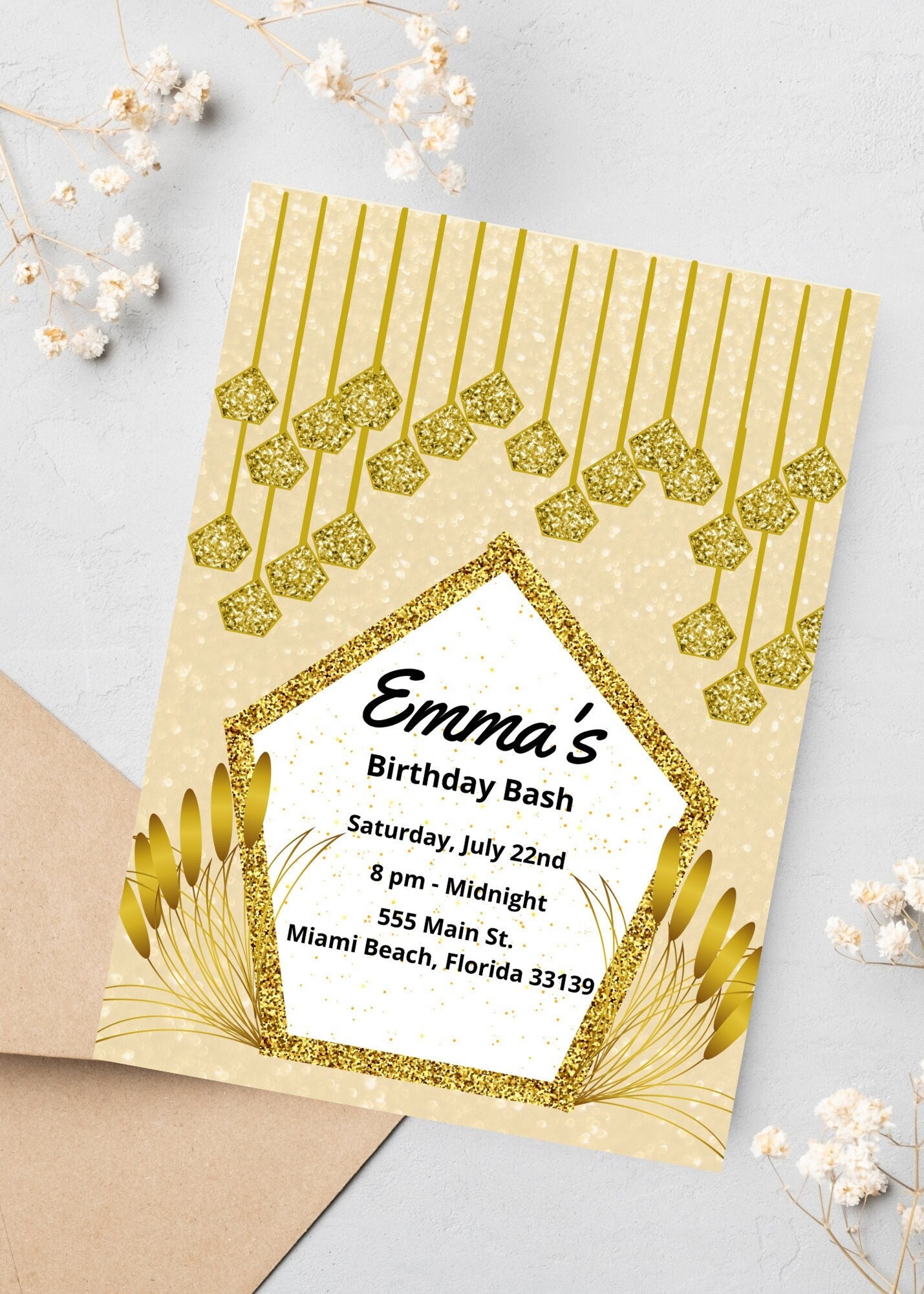 Gold Birthday Invitation, Women Birthday Invitation, Digital Download ...