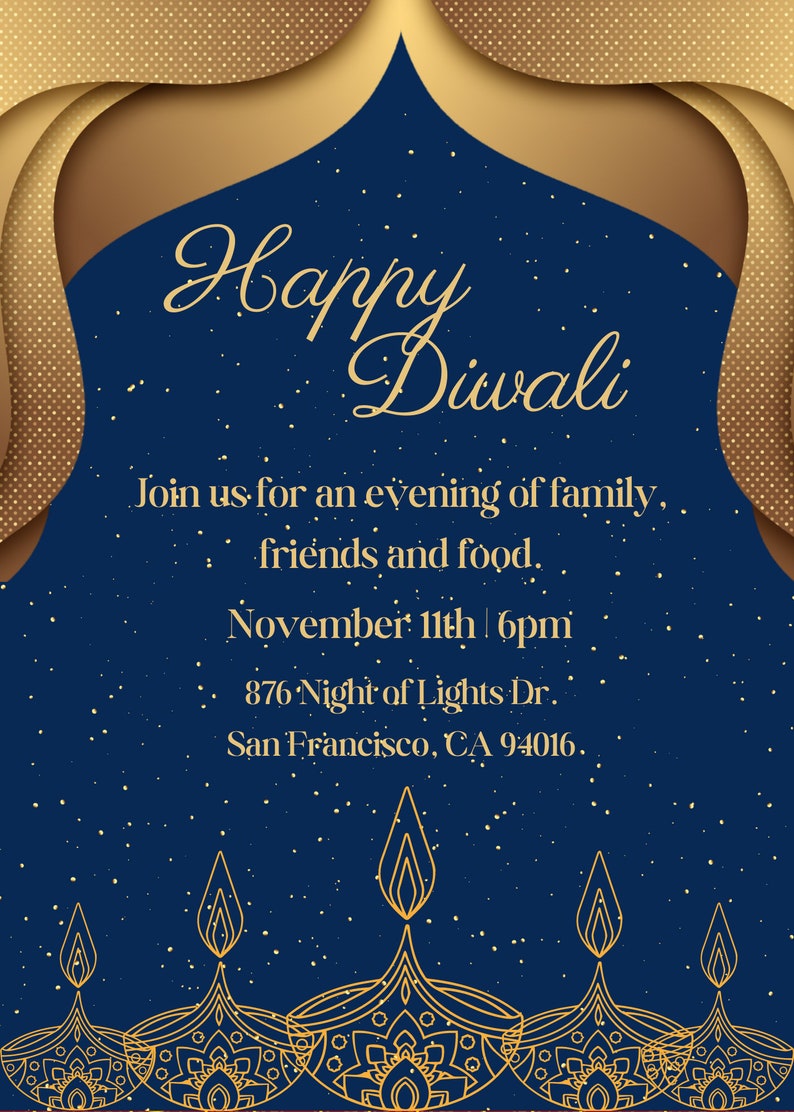 Royal Blue and Gold Diwali Invitation, Festival of Lights Celebration ...