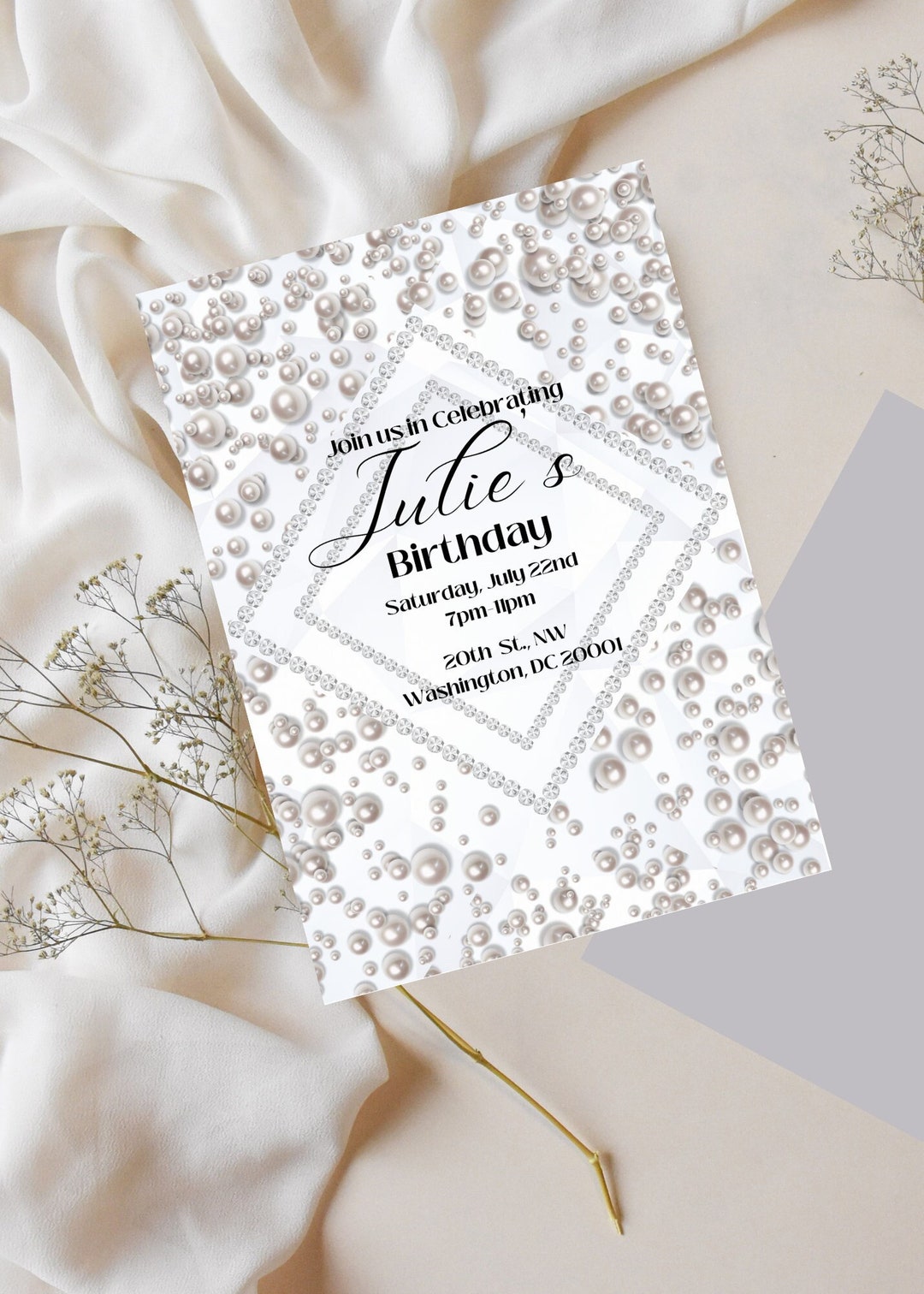 Pearl Invitation, Women Birthday Invitation, Digital Download, Editable ...