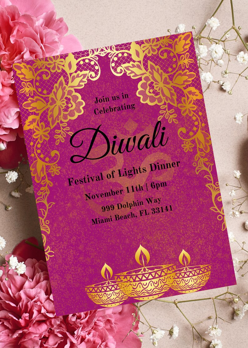 Pink and Gold Diwali Invitation, Festival of Lights Celebration, Diwali ...