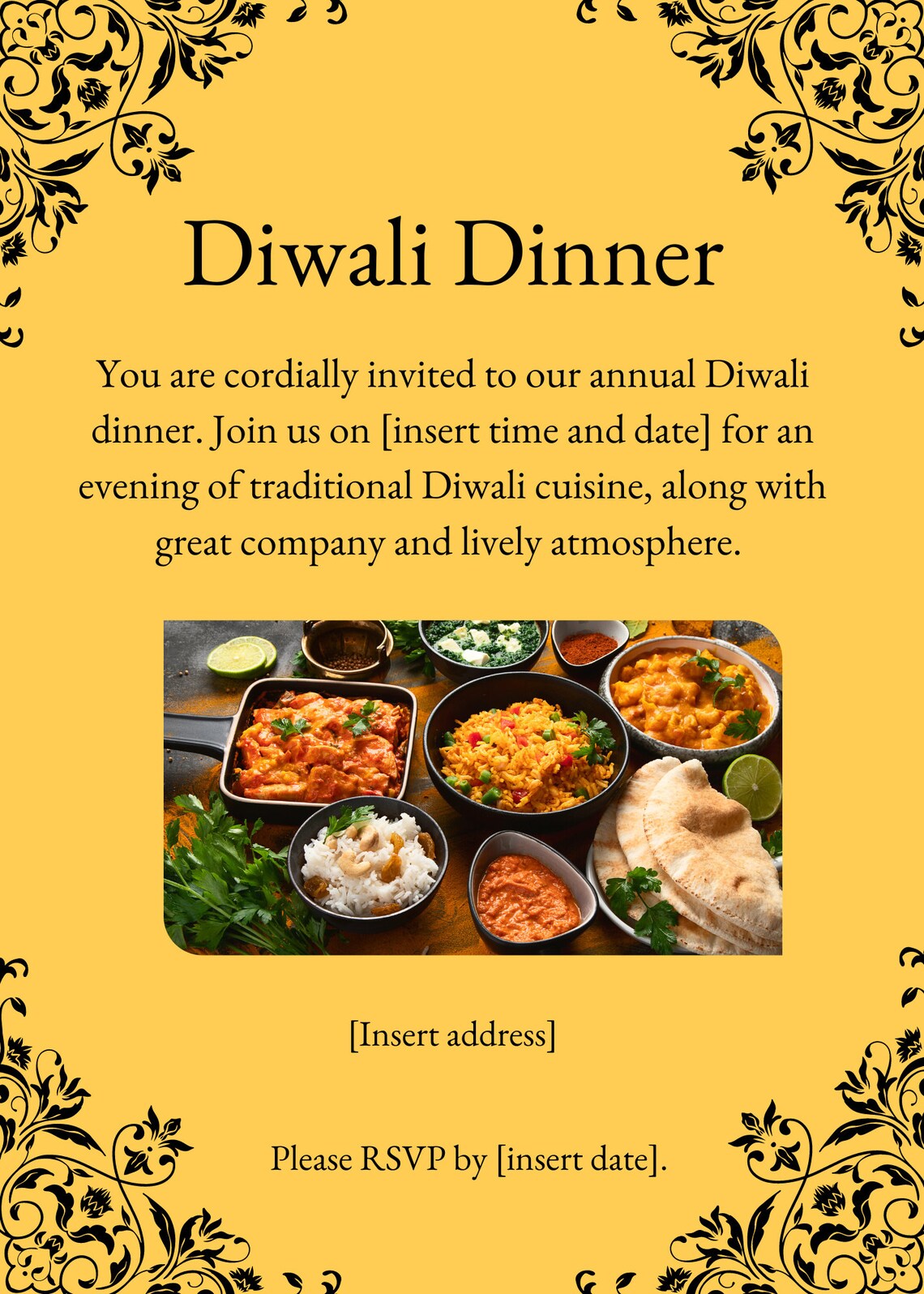 Yellow and Black Diwali Invitation, Diwali Dinner, Festival of Lights ...