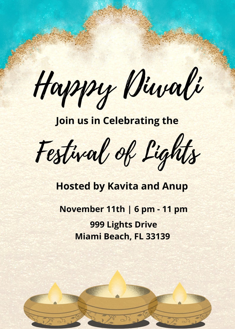 Teal and Gold Diwali Invitation, Festival of Lights Celebration, Diwali ...
