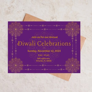 Purple and Gold Diwali Invitation, Festival of Lights Celebration ...