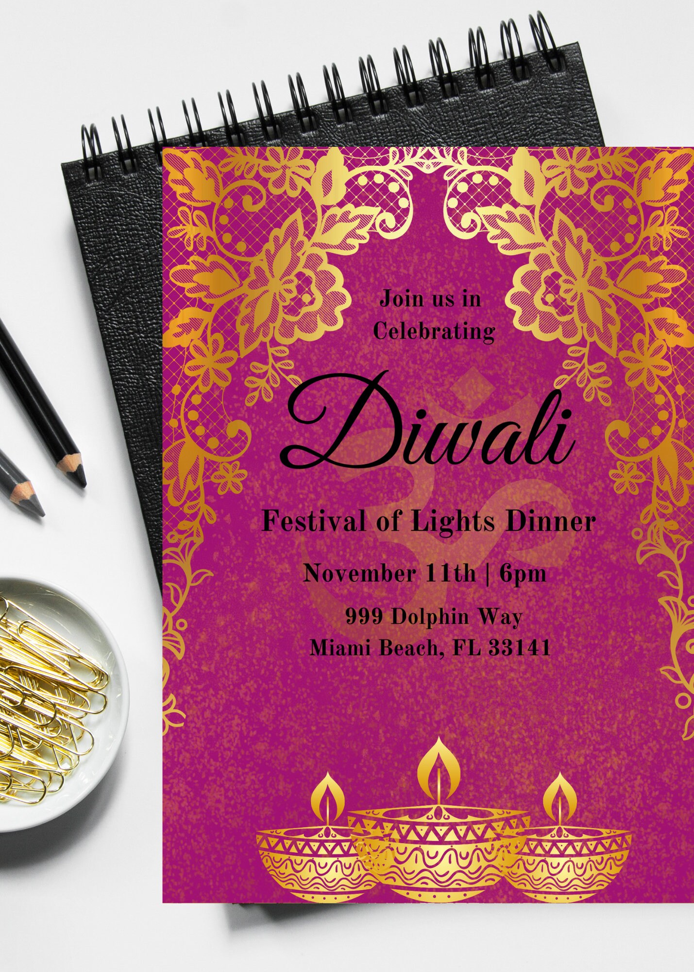 Pink and Gold Diwali Invitation, Festival of Lights Celebration, Diwali ...