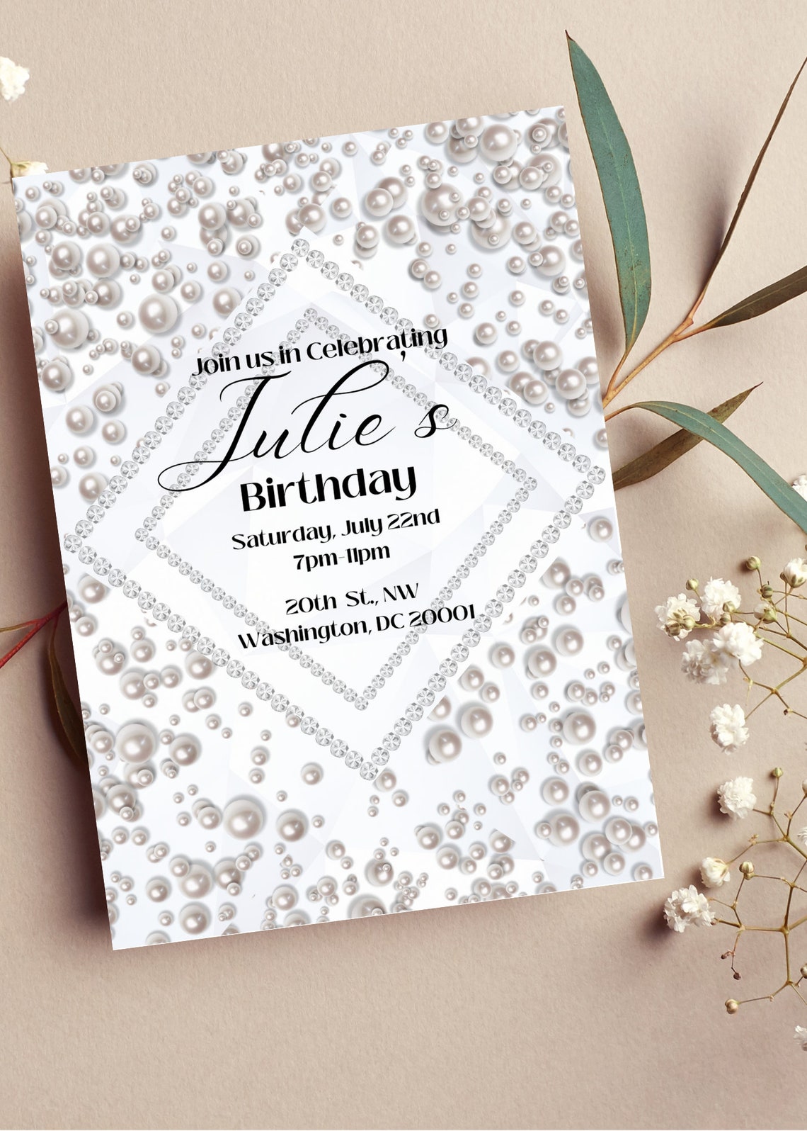 Pearl Invitation, Women Birthday Invitation, Digital Download, Editable ...