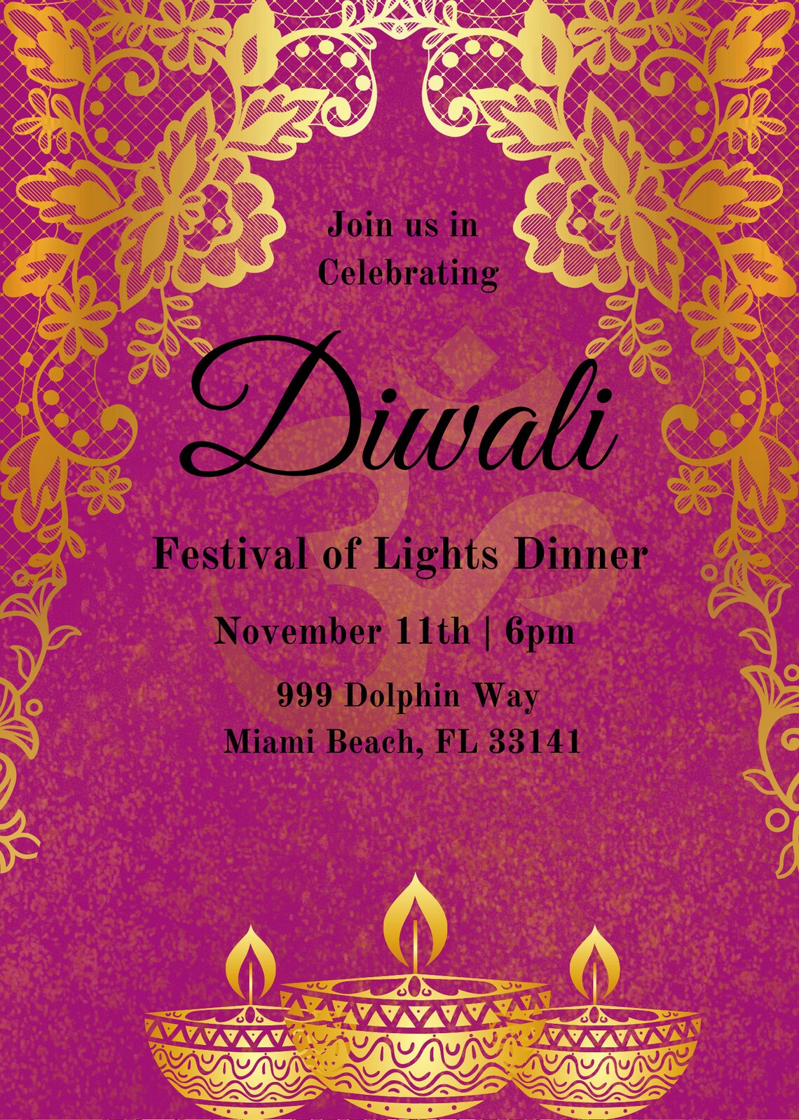Pink and Gold Diwali Invitation, Festival of Lights Celebration, Diwali ...