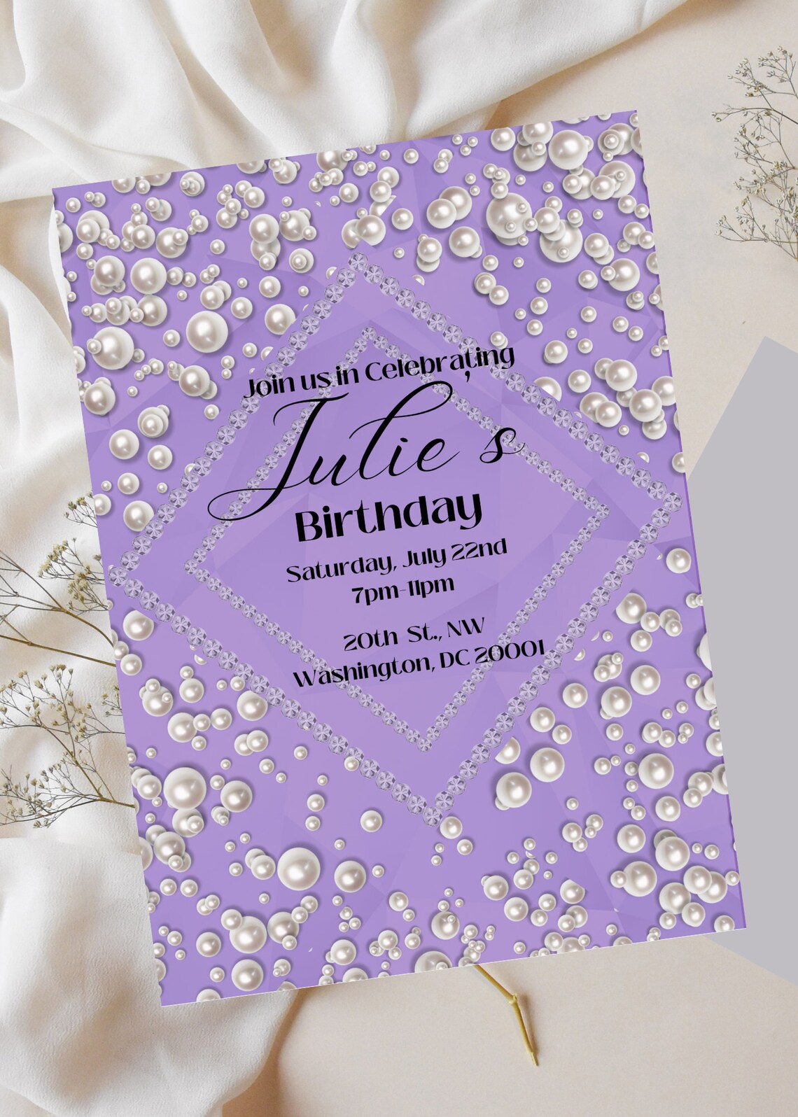 Pearl Invitation, Lavender Invitation, Women Birthday Invitation ...