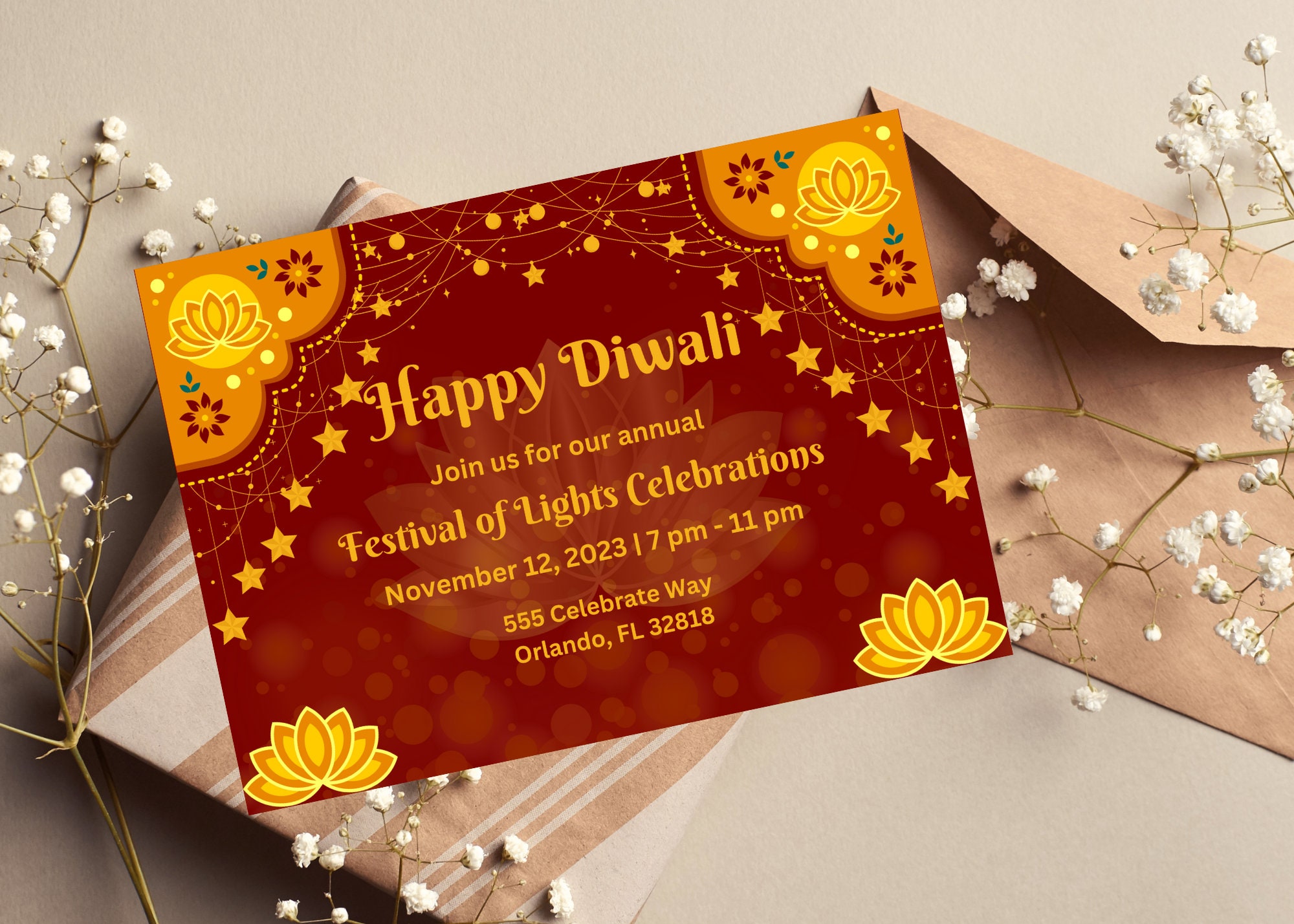 Red and Gold Diwali Invitation, Festival of Lights Celebration, Diwali ...