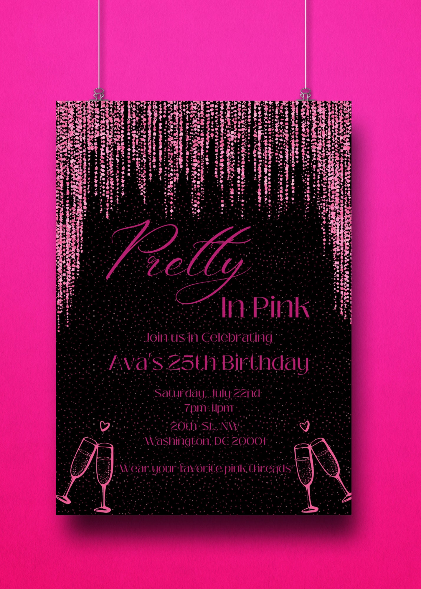 Pretty in Pink Birthday Invitation, Birthday Invitation, Pink and Black ...