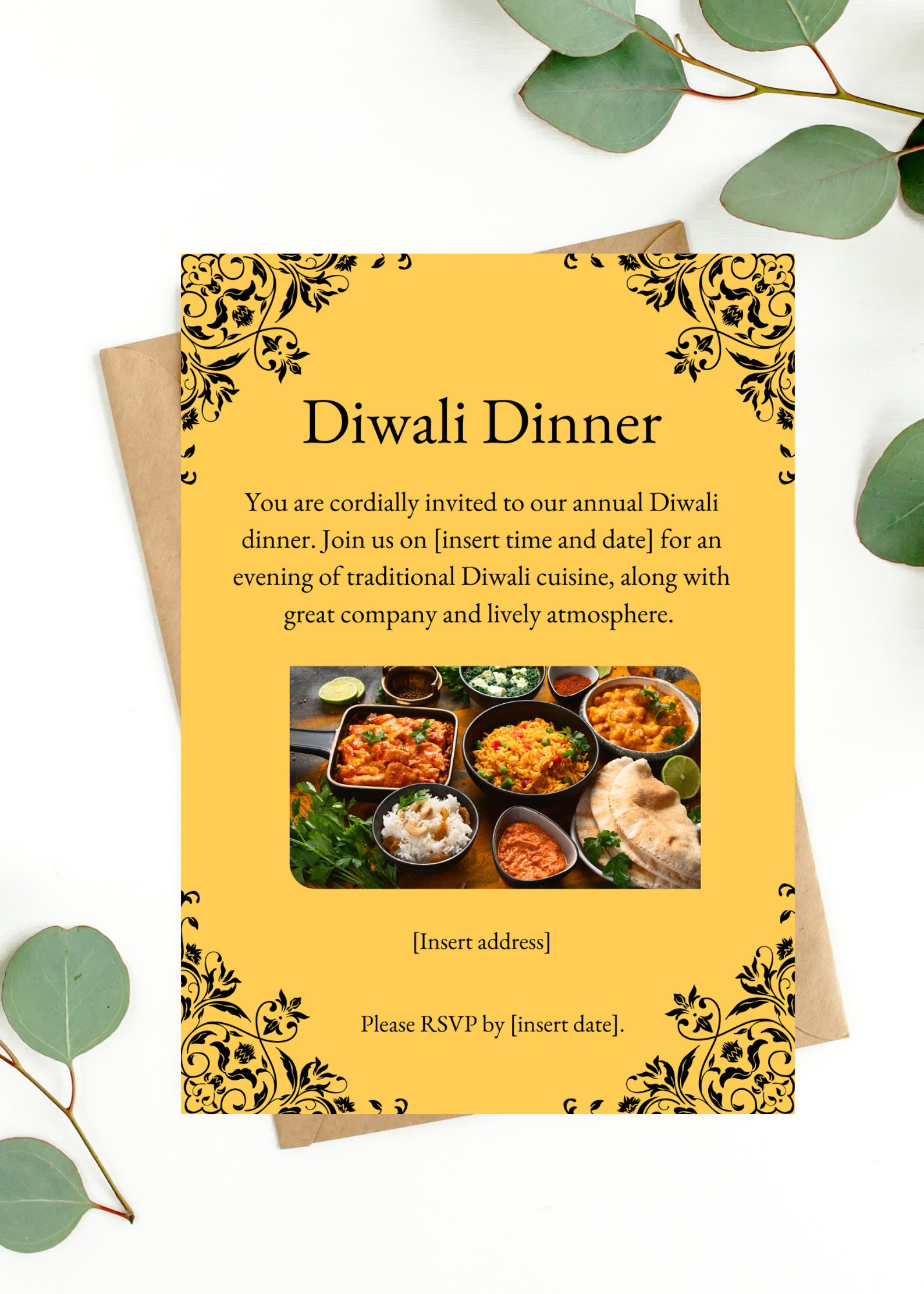 Yellow and Black Diwali Invitation, Diwali Dinner, Festival of Lights ...