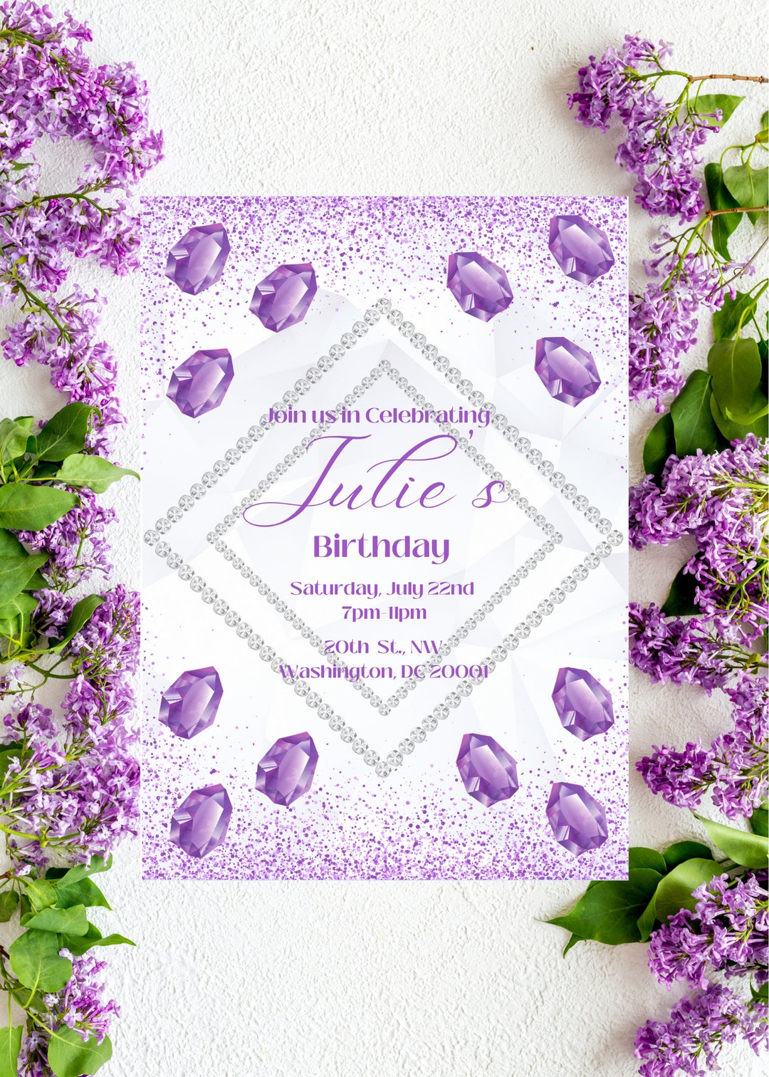Amethyst Birthday Invitation, Women Birthday Invitation, Digital ...
