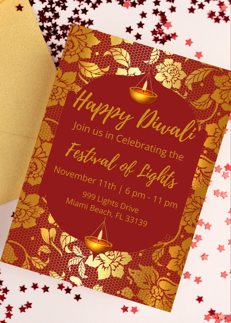 Red and Gold Diwali Invitation, Festival of Lights Celebration, Diwali ...