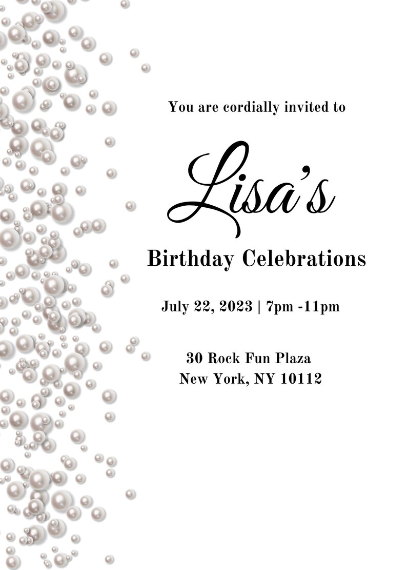 Pearl Invitation, Women Birthday Invitation, Digital Download, Editable ...