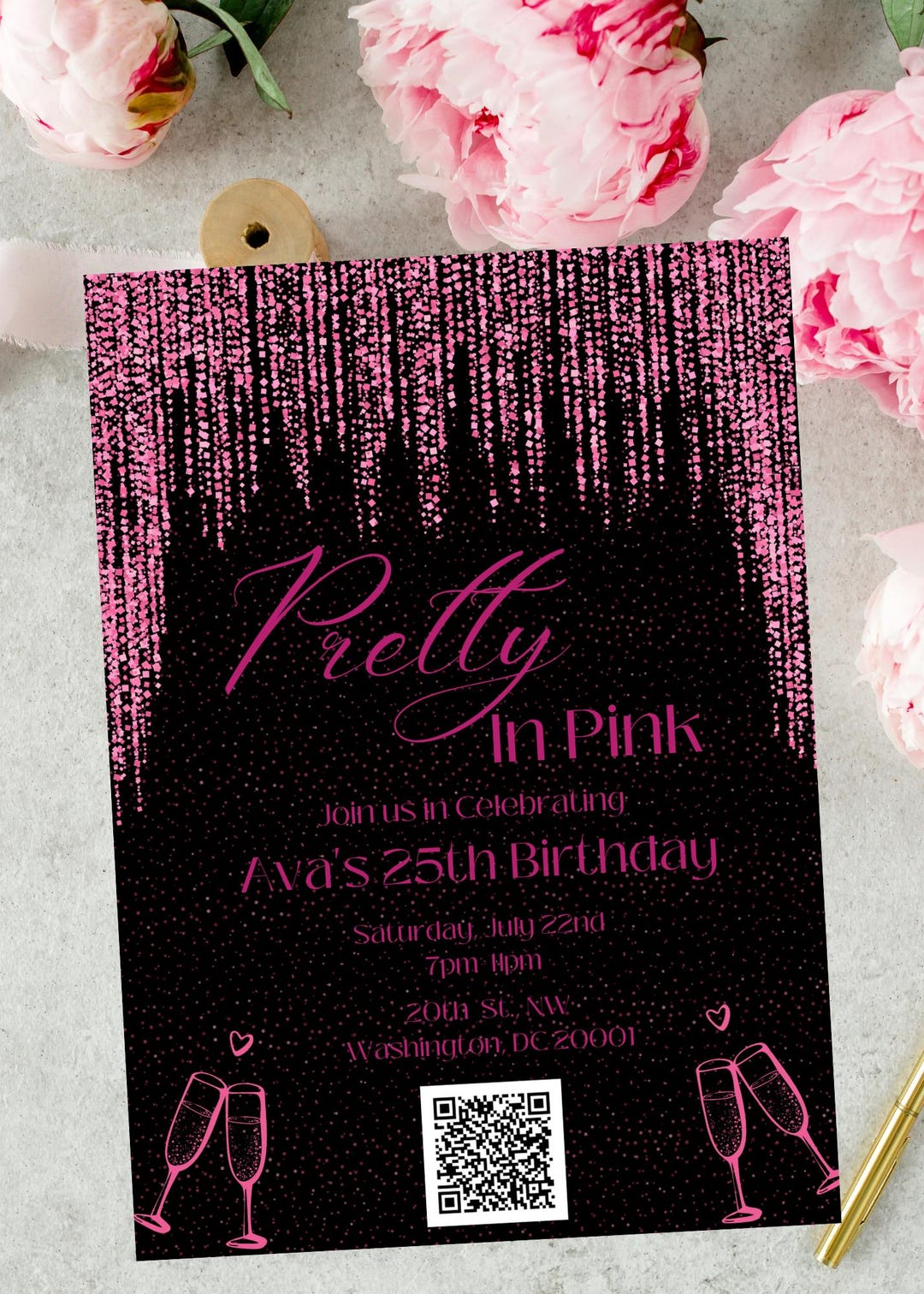 Pretty in Pink Birthday Invitation, Pink and Black Birthday Invitation ...