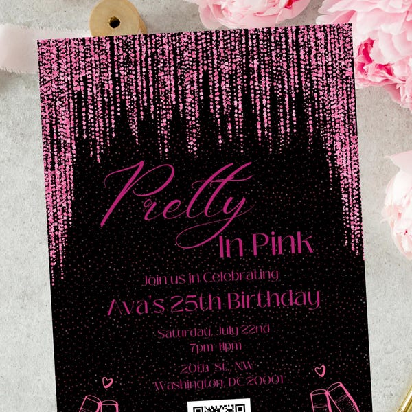 Pretty in Pink Birthday Invitation, Birthday Invitation, Pink and Black ...