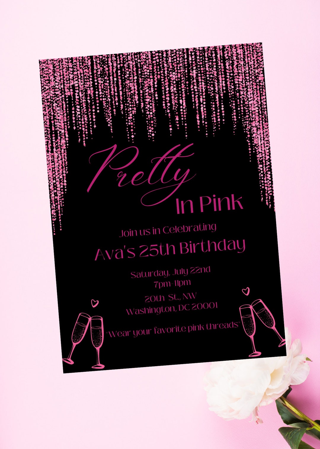 Pretty in Pink Birthday Invitation, Birthday Invitation, Pink and Black ...