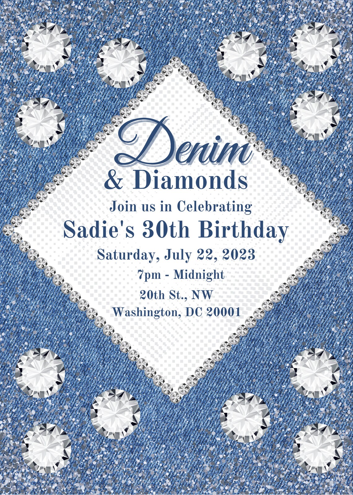Denim and Diamonds Birthday Invitation, Women Birthday Invitation ...