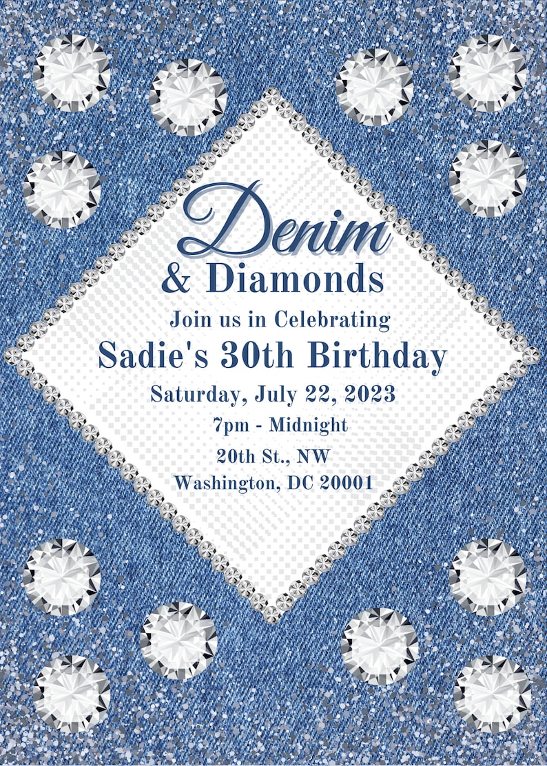 Denim and Diamonds Birthday Invitation, Women Birthday Invitation ...