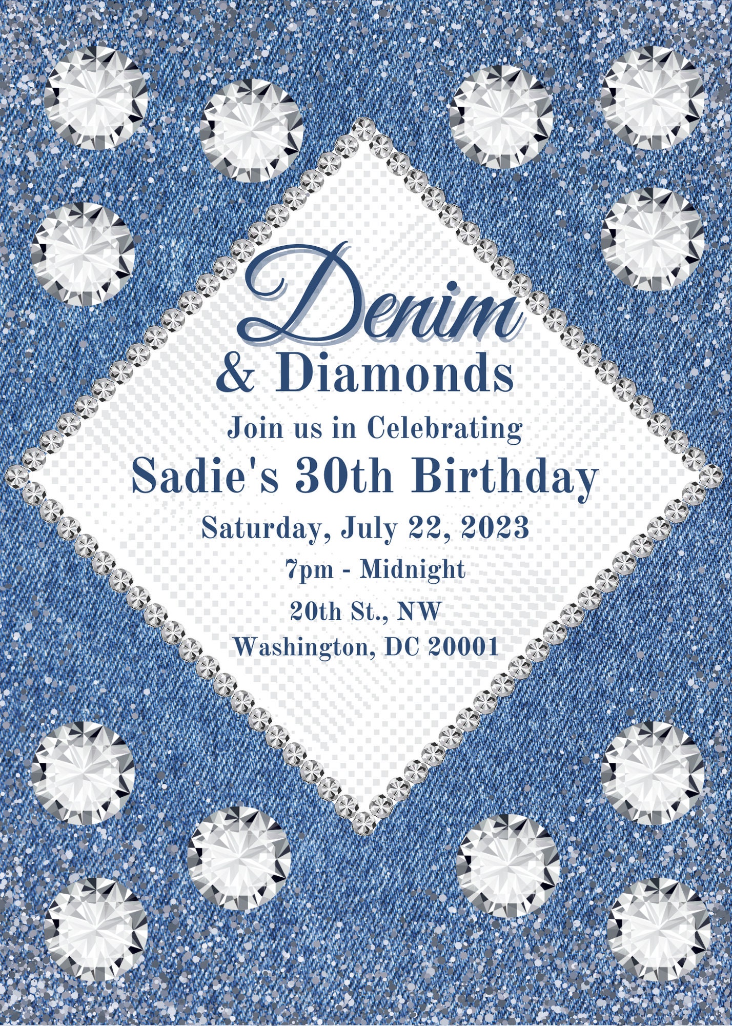 Denim and Diamonds Birthday Invitation, Women Birthday Invitation ...