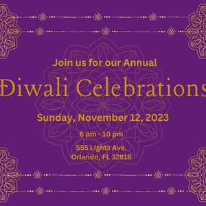 Purple and Gold Diwali Invitation, Festival of Lights Celebration ...