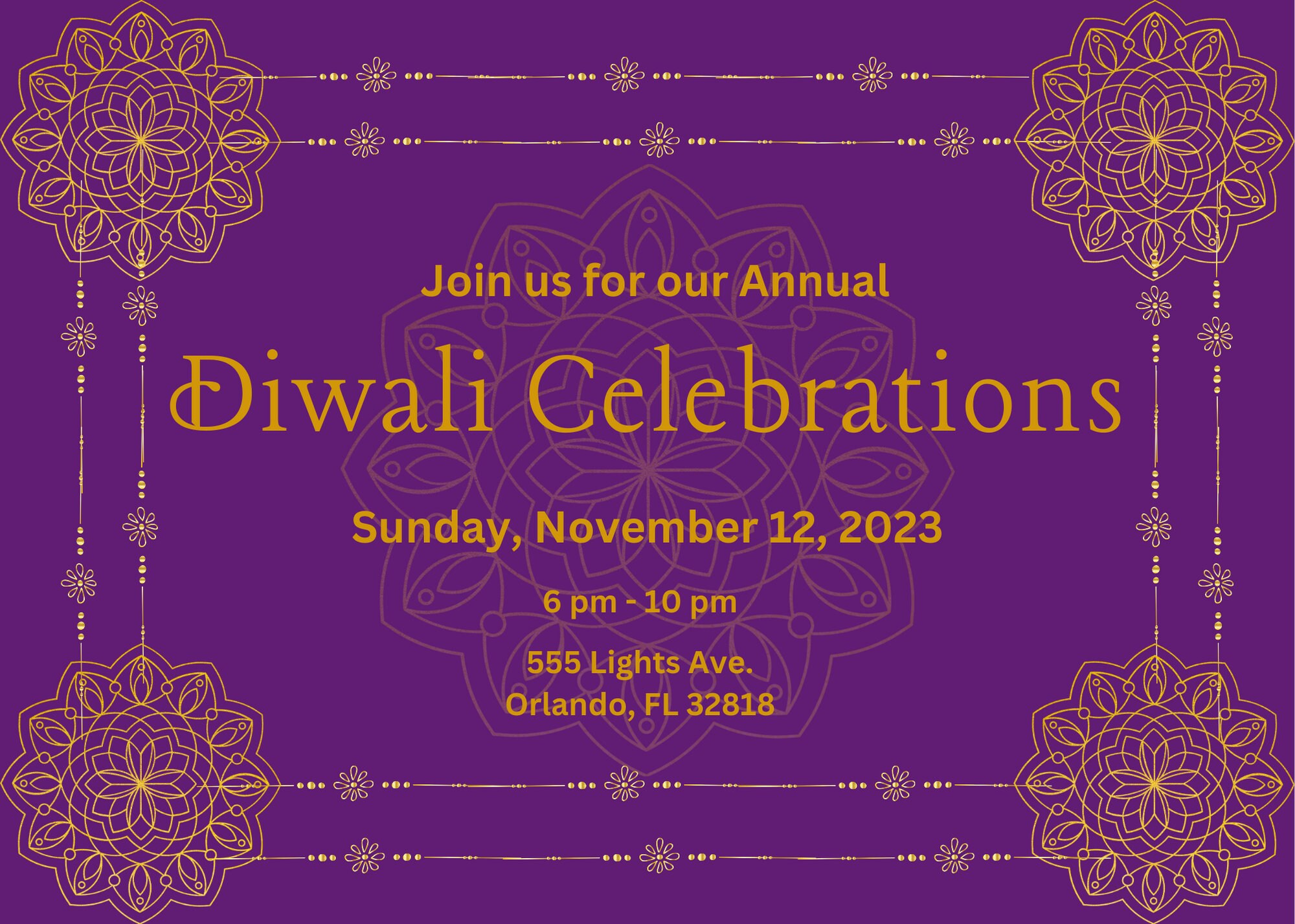 Purple and Gold Diwali Invitation, Festival of Lights Celebration ...