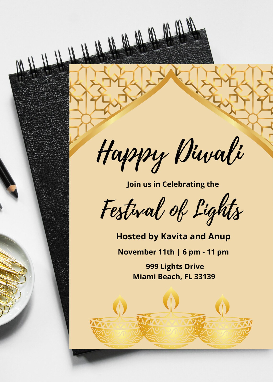 Beige and Gold Diwali Invitation, Festival of Lights Celebration ...