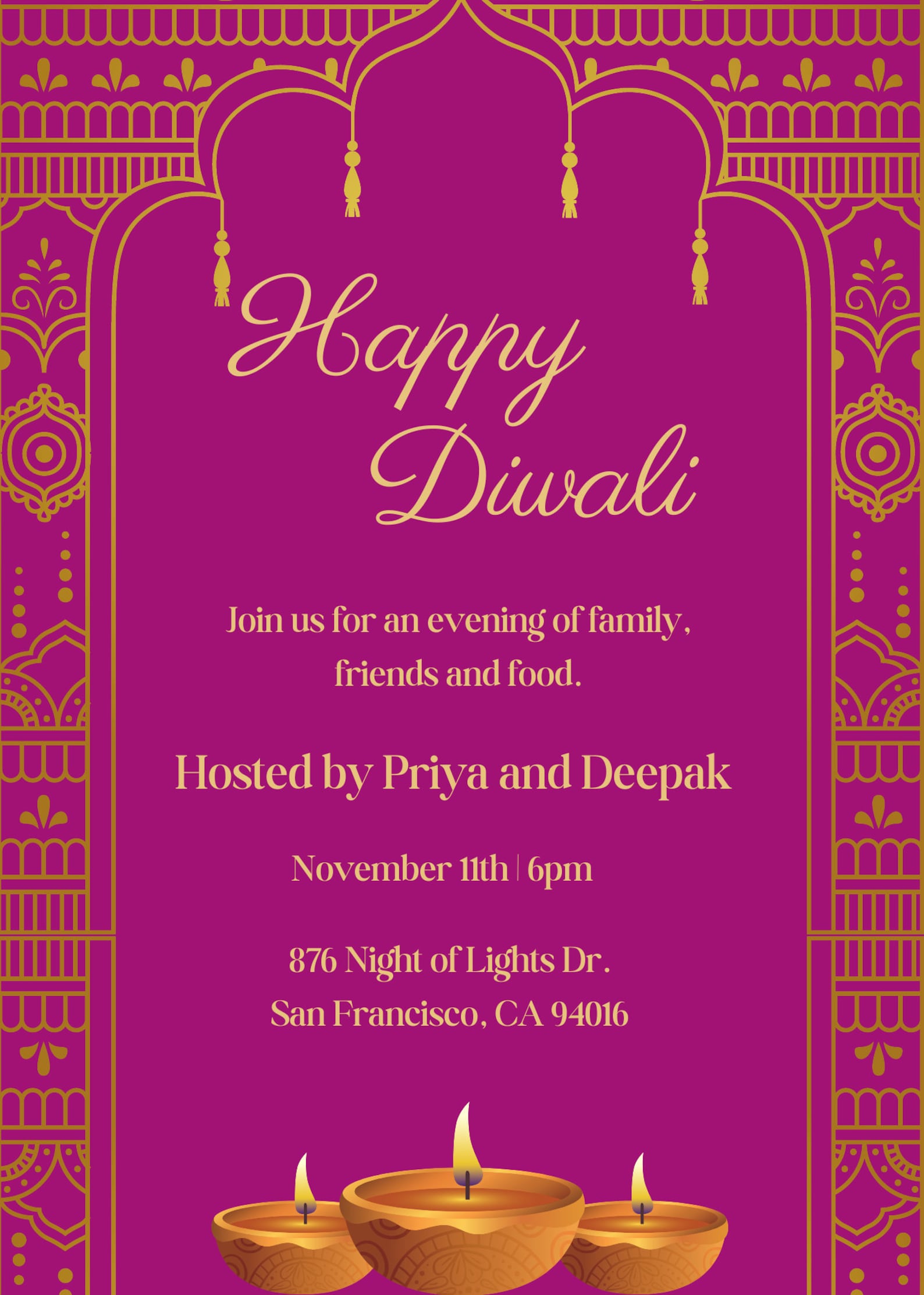 Pink and Gold Diwali Invitation, Festival of Lights Celebration, Diwali ...
