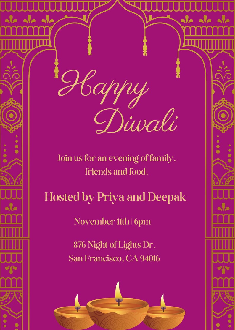 Pink and Gold Diwali Invitation, Festival of Lights Celebration, Diwali ...