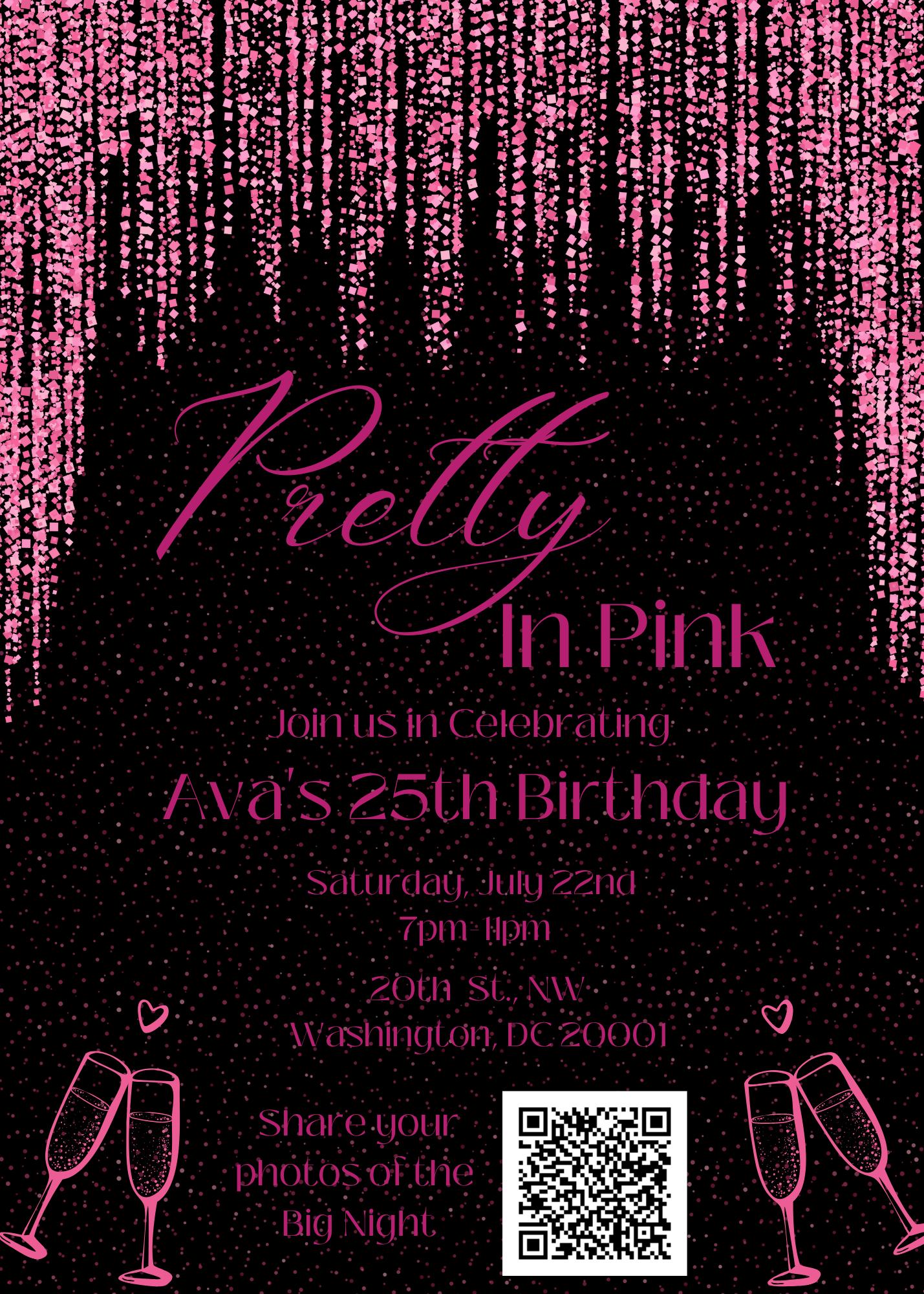 Pretty in Pink Birthday Invitation, Pink and Black Birthday Invitation ...