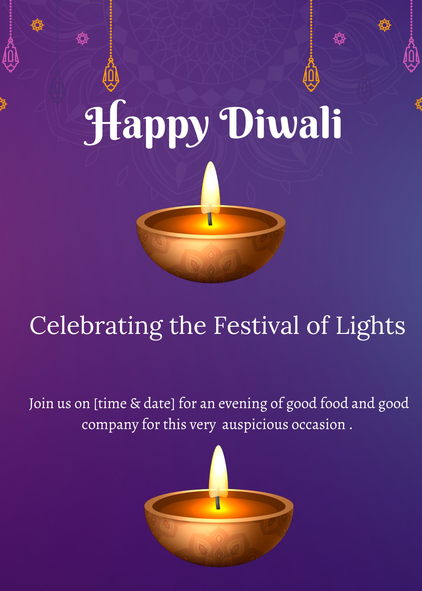 Purple and Gold Diwali Invitation, Diwali Dinner, Festival of Lights ...