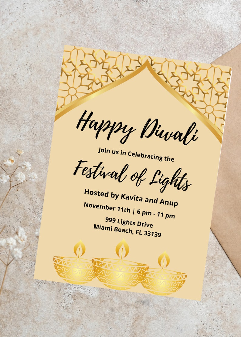 Beige and Gold Diwali Invitation, Festival of Lights Celebration ...