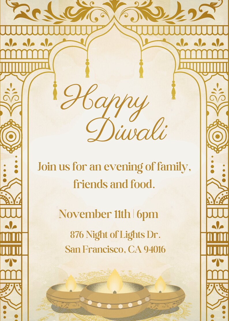 Cream and Gold Diwali Invitation, Festival of Lights Celebration ...