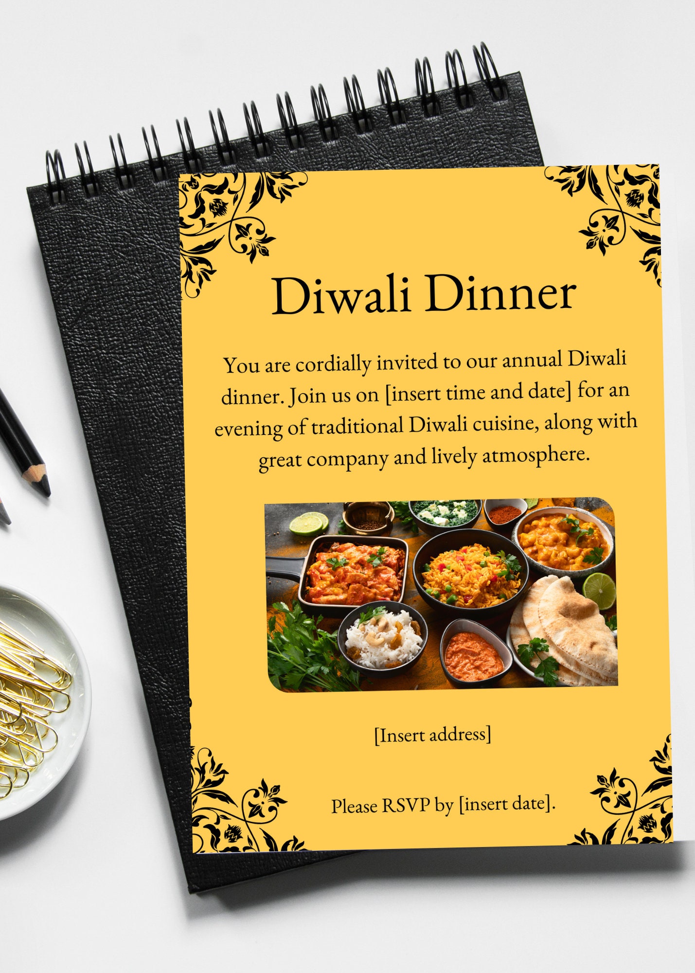 Yellow and Black Diwali Invitation, Diwali Dinner, Festival of Lights ...
