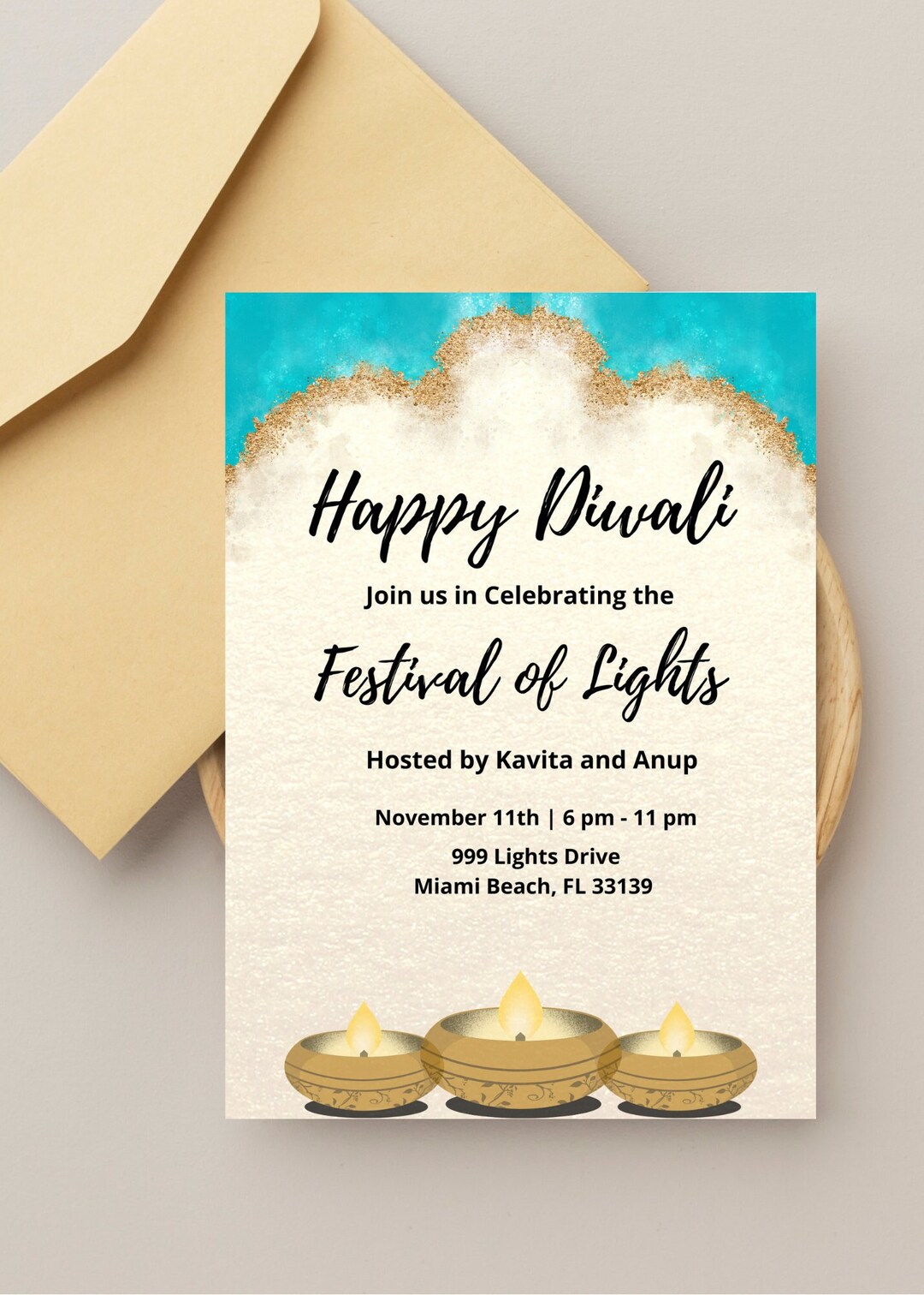 Teal and Gold Diwali Invitation, Festival of Lights Celebration, Diwali ...