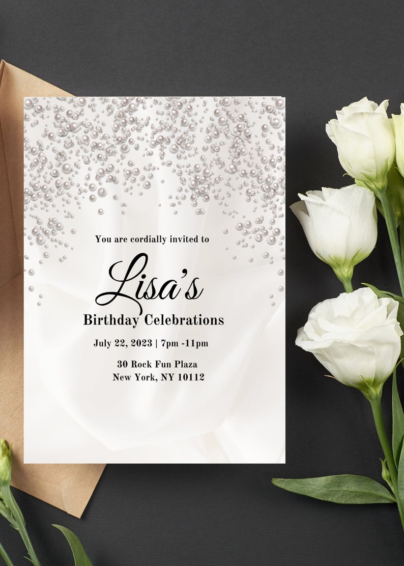 Pearl Invitation, Women Birthday Invitation, Digital Download, Editable ...