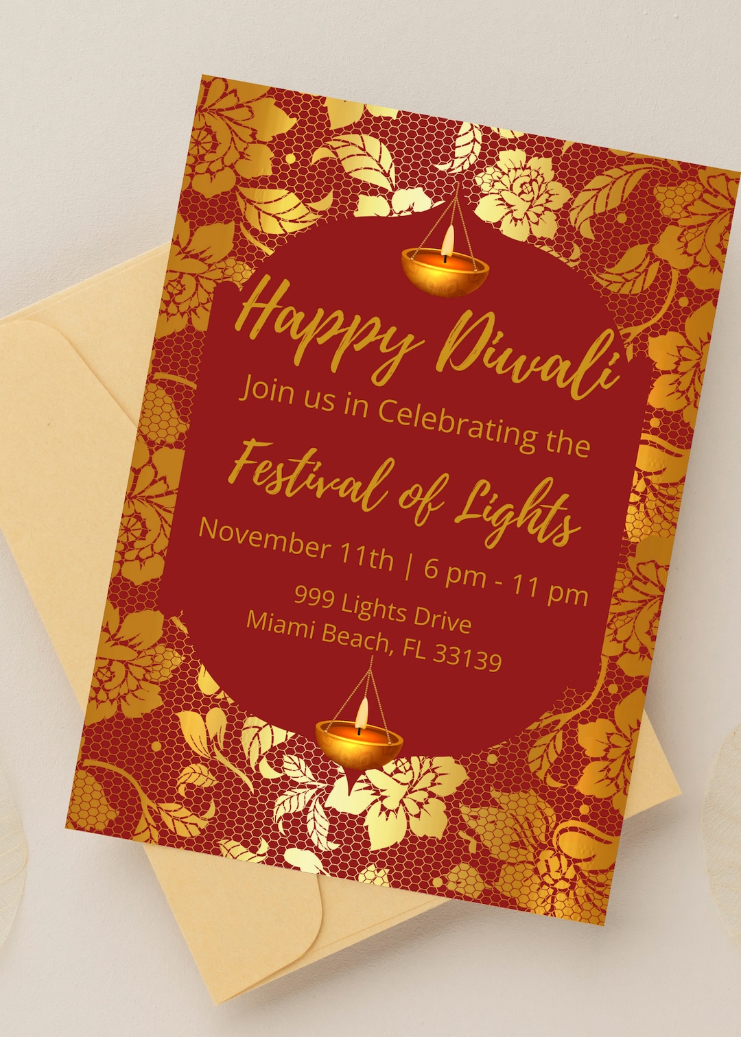 Red and Gold Diwali Invitation, Festival of Lights Celebration, Diwali ...